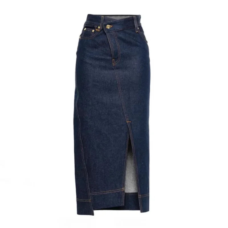 Rivet Stitch Axis Asymmetric Denim Midi – Monte Browne